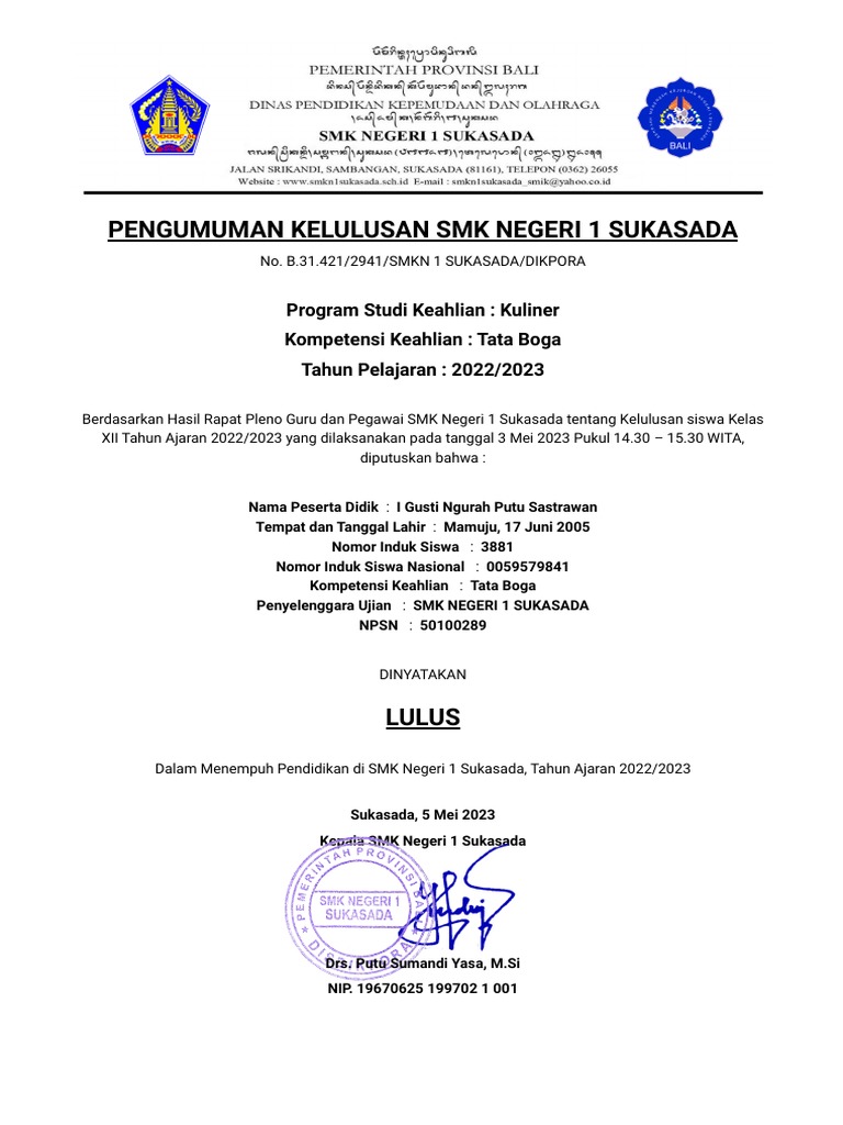 SKL ONLINE - Aplikasi Pengumuman & Pengelolaan SKL Di SMK NEGERI 1 SUKASADA - Dashboard PDF | PDF