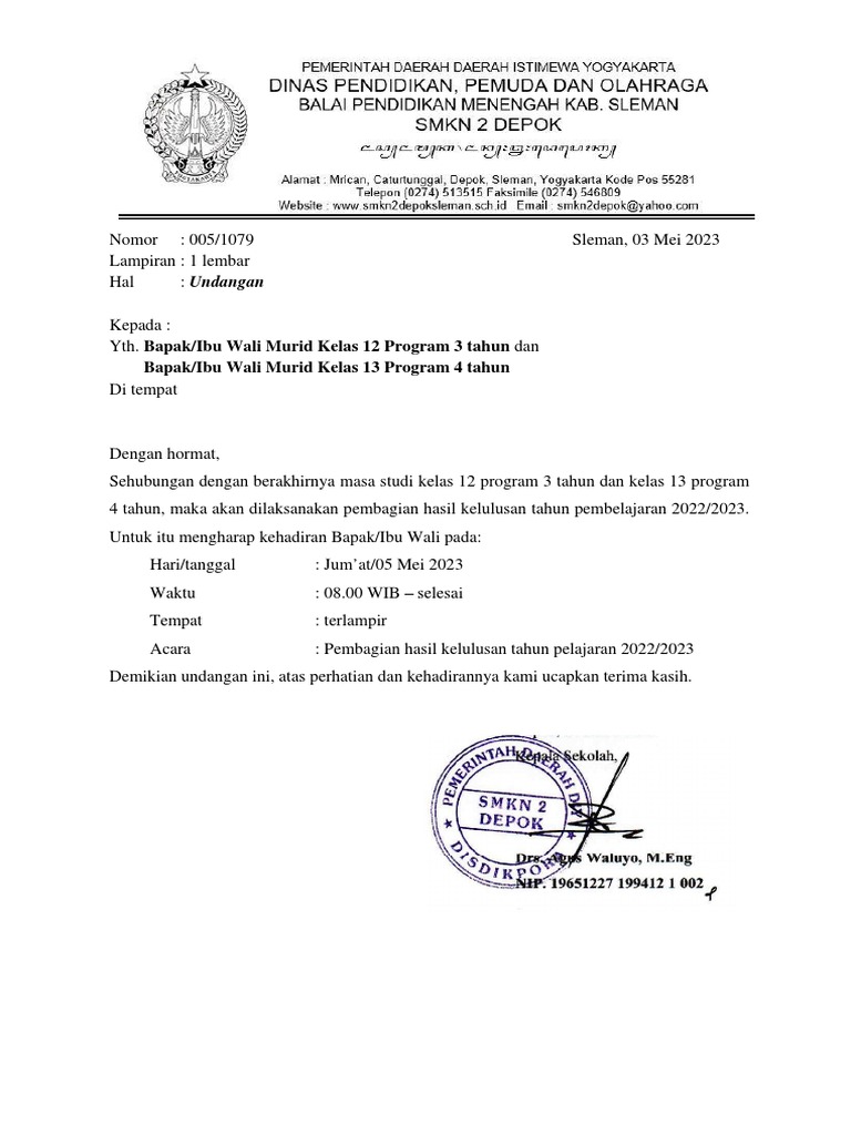 Undangan Wali Murid Kegiatan Pembagian Hasil Kelulusan PDF | PDF