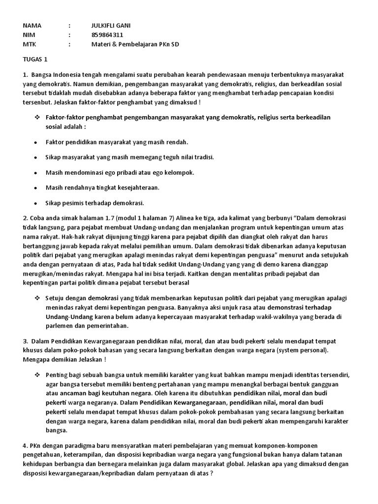 TUGAS 1 Materi & Pembelajaran PKN SD | PDF