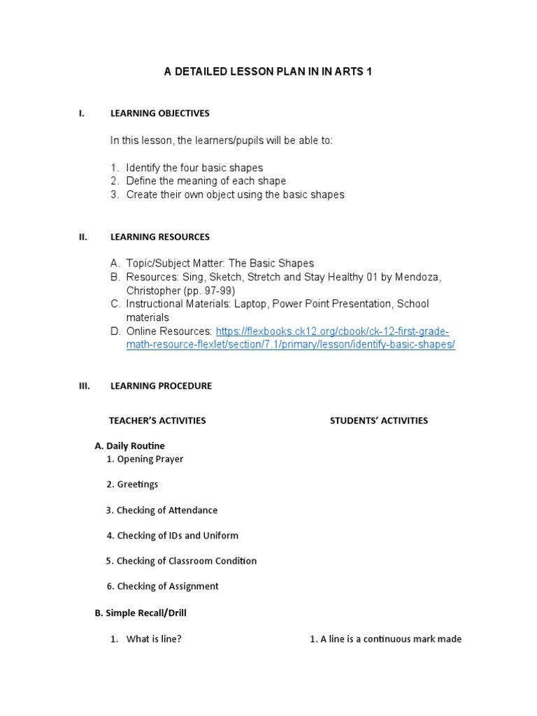 DETAILED LESSON PLAN IN TEACHING OF ARTS 1 - BUGTONG | PDF | Shape ...