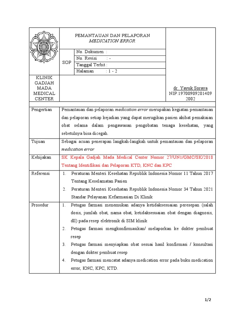 Sop Medication Error Versi 1 | PDF