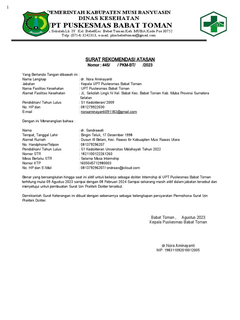 SURAT REKOM ATASAN INTERNSHIP Agustus | PDF