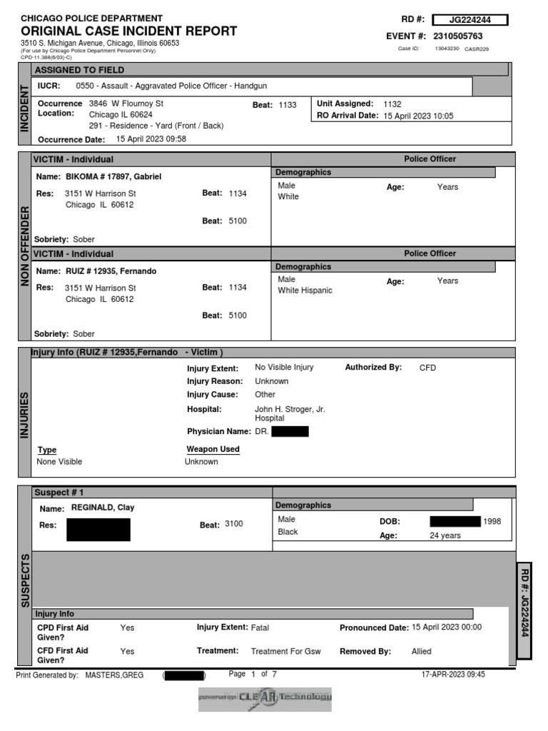 Reginald Clay, Jr. Original Case Incident Report RD No. JG224244 ...