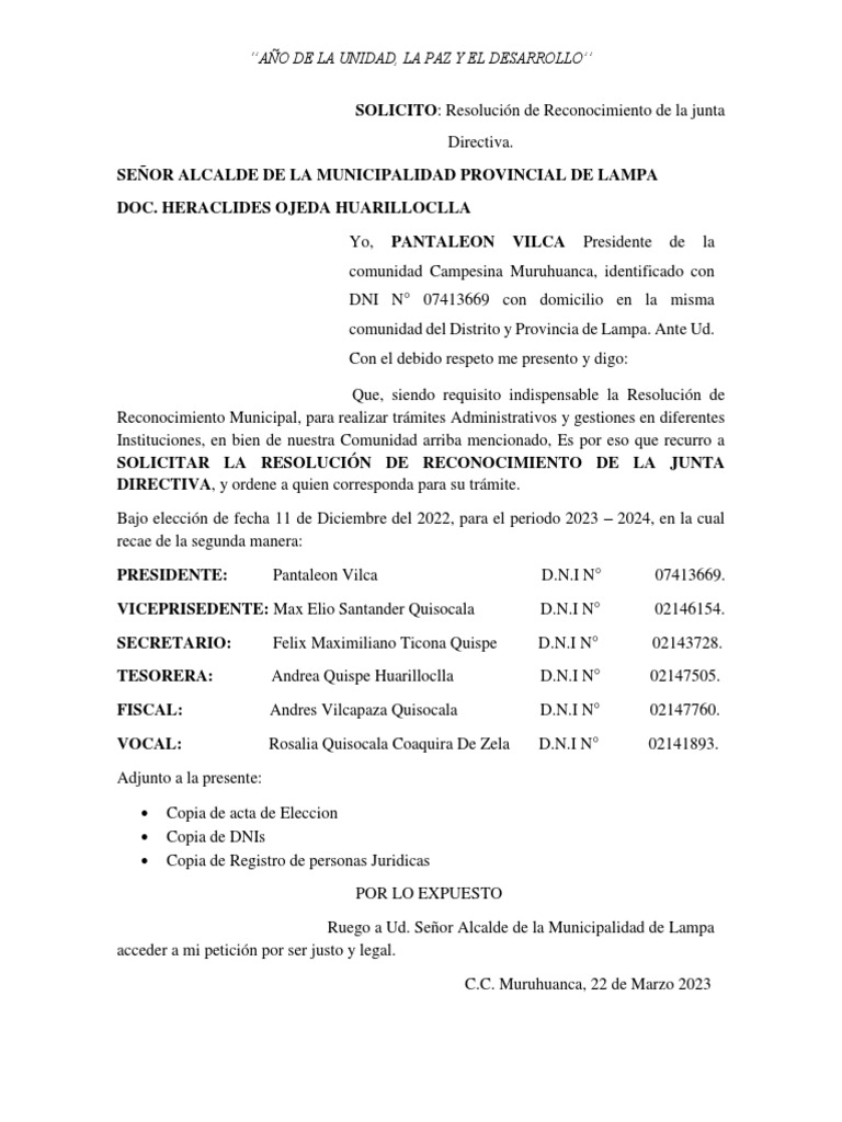 Solicitando Reconocimiento de La Junta Directiva A La Municipalidad | PDF