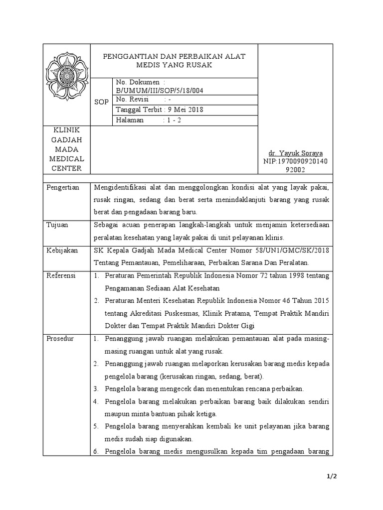 3.6.2.5 SOP Penggantian Dan Perbaikan Alat Yang Rusak | PDF