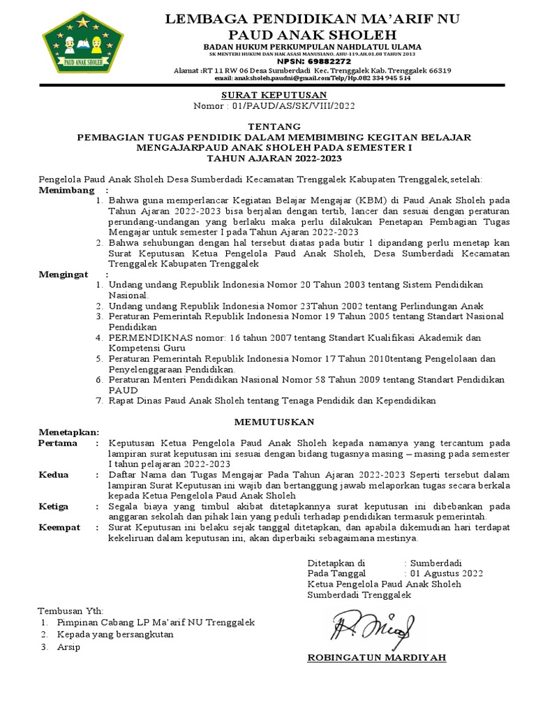 SK Pembagian Tugas Mengajar Paud 2022 | PDF | Kesehatan Holistik
