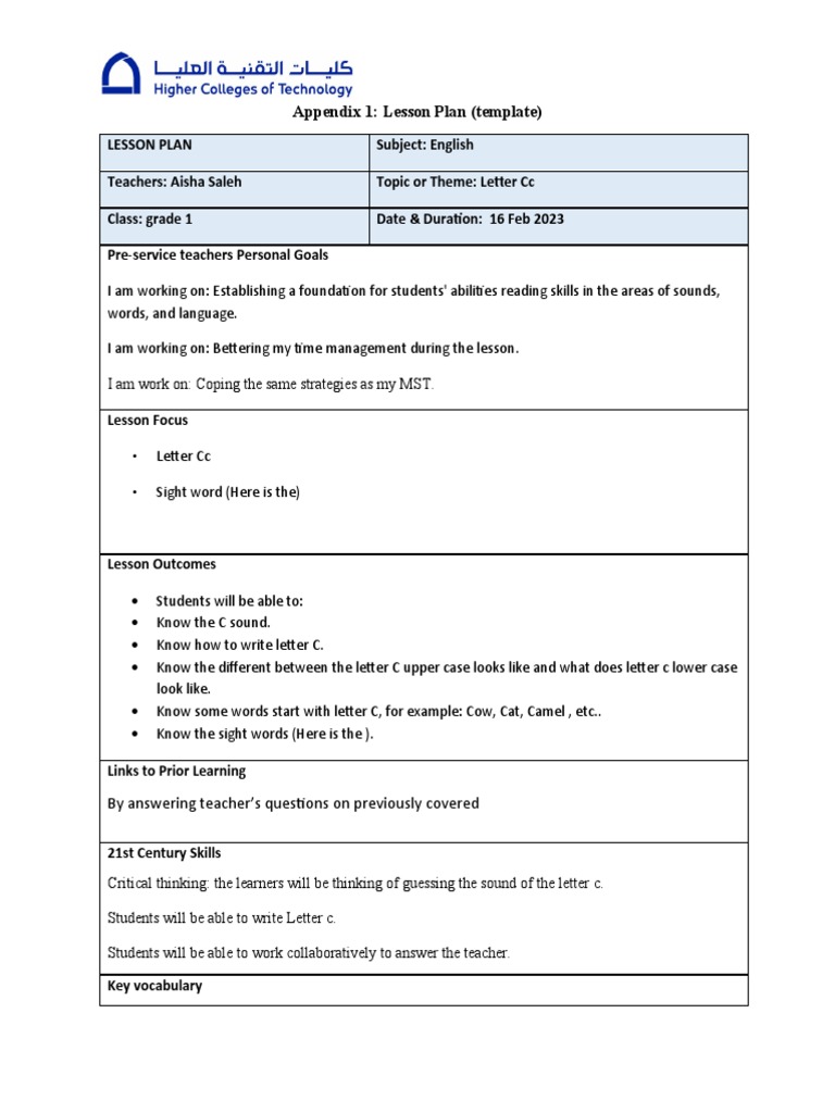 Letter C Lesson Plan for Kindergarten | PDF