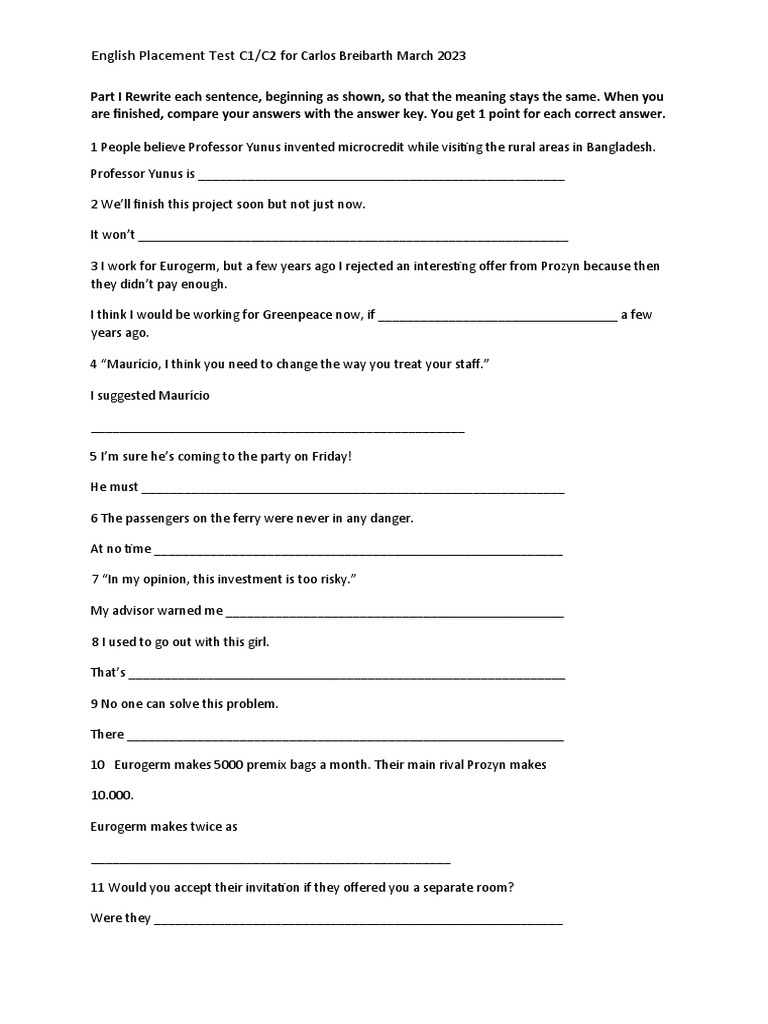 English Placement Test C1-C2 For Carlos Breibarth March 2023 With ...