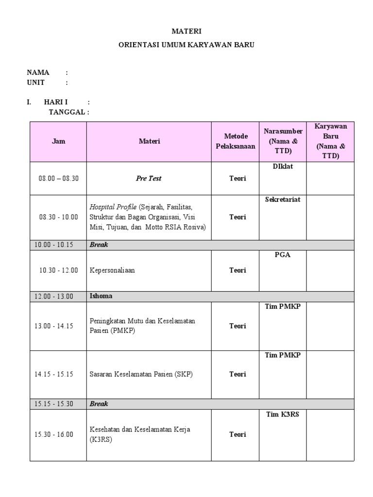 Jadwal Orientasi Karyawan Baru | PDF