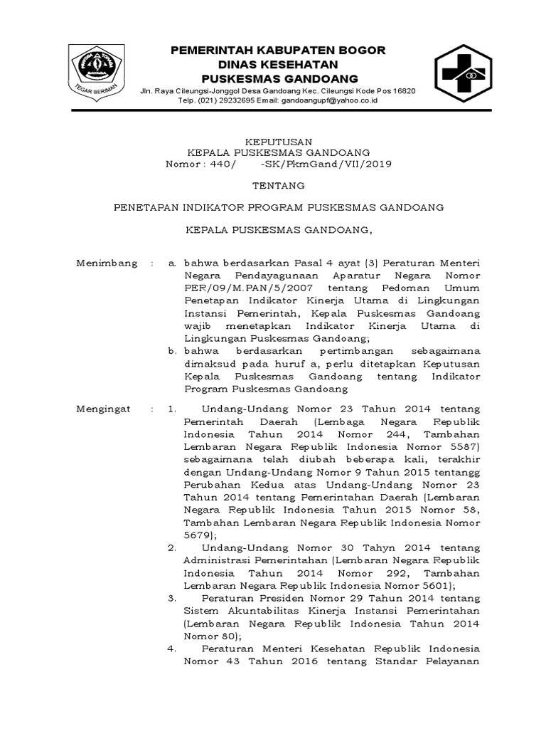 SK Indikator Kinerja Puskesmas | PDF