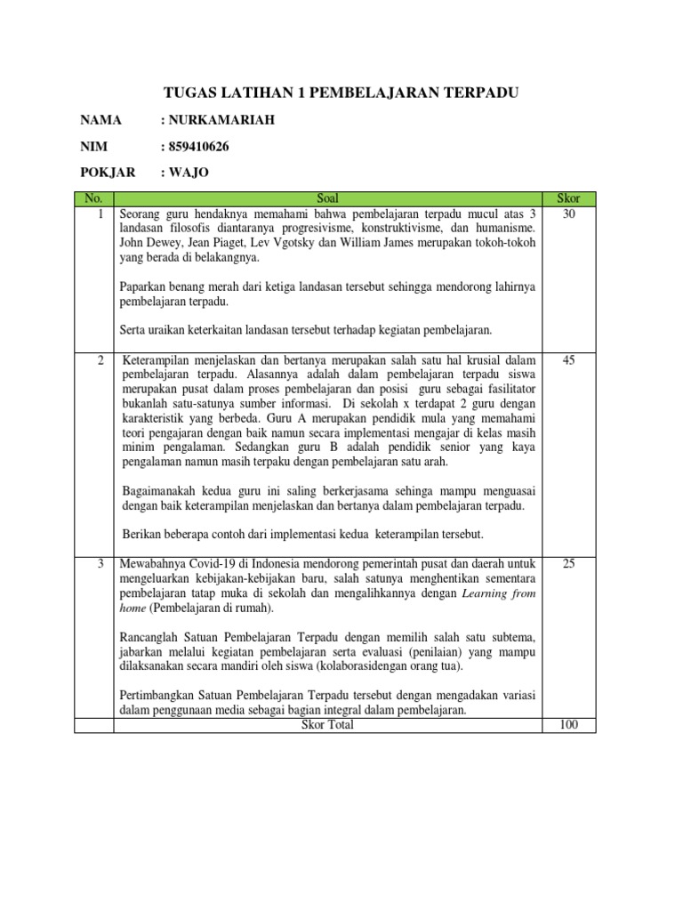 Latihan Uji Kompetensi 1 PEMBELAJARAN TERPADU PDF | PDF | Karier & Perkembangan