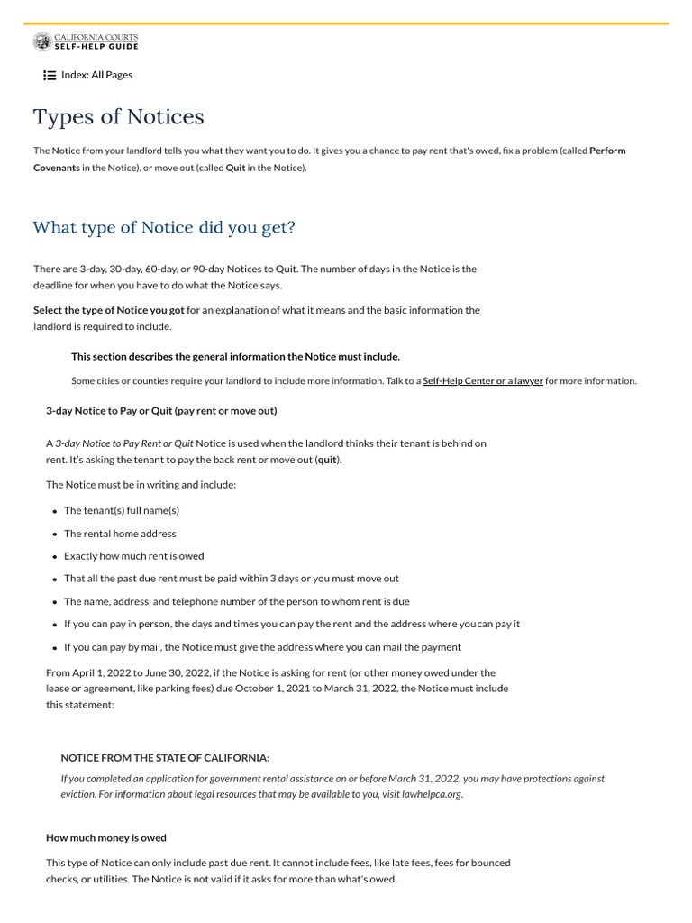 Types of Eviction Notices Tenants - California Courts - Self Help Guide ...