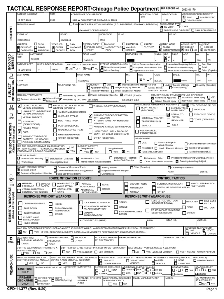 Tactical Response Report TRR Officer Bikoma Redacted - Reginald Clay ...