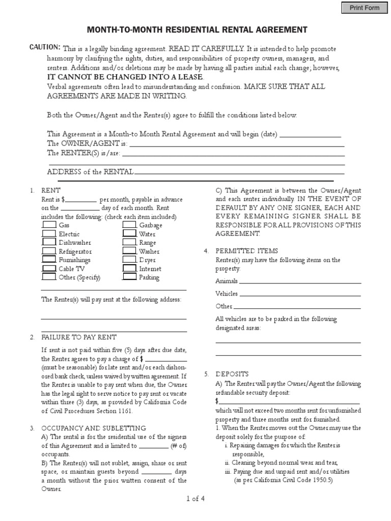 Simple California Month To Month Rental Agreement | PDF | Finance ...