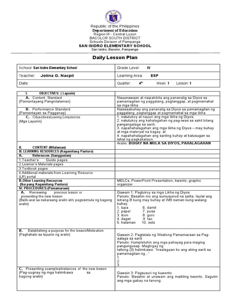 DLP Esp Q4 WK 1 Lesson 1 | PDF