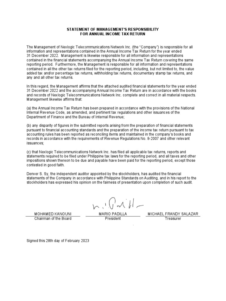 NTNI - Statement of Management Responsibility - 2022 PDF | PDF | Audit ...
