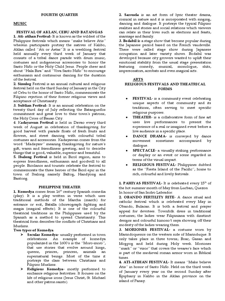 Fourth Quarter MAPEH Festivals Overview | PDF