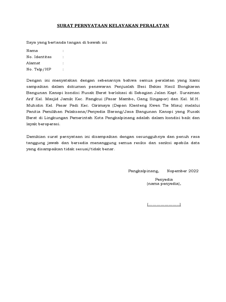 Contoh Format Surat Pernyataan Kelayakan Peralatan | PDF