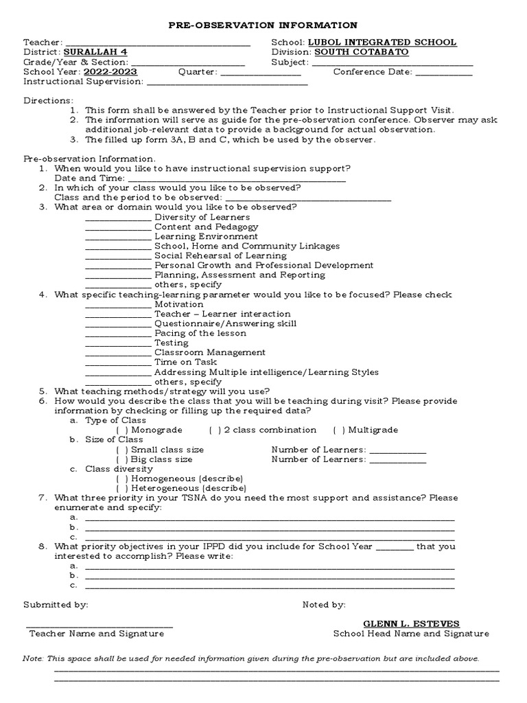 SHS Pre and Post Observation | PDF