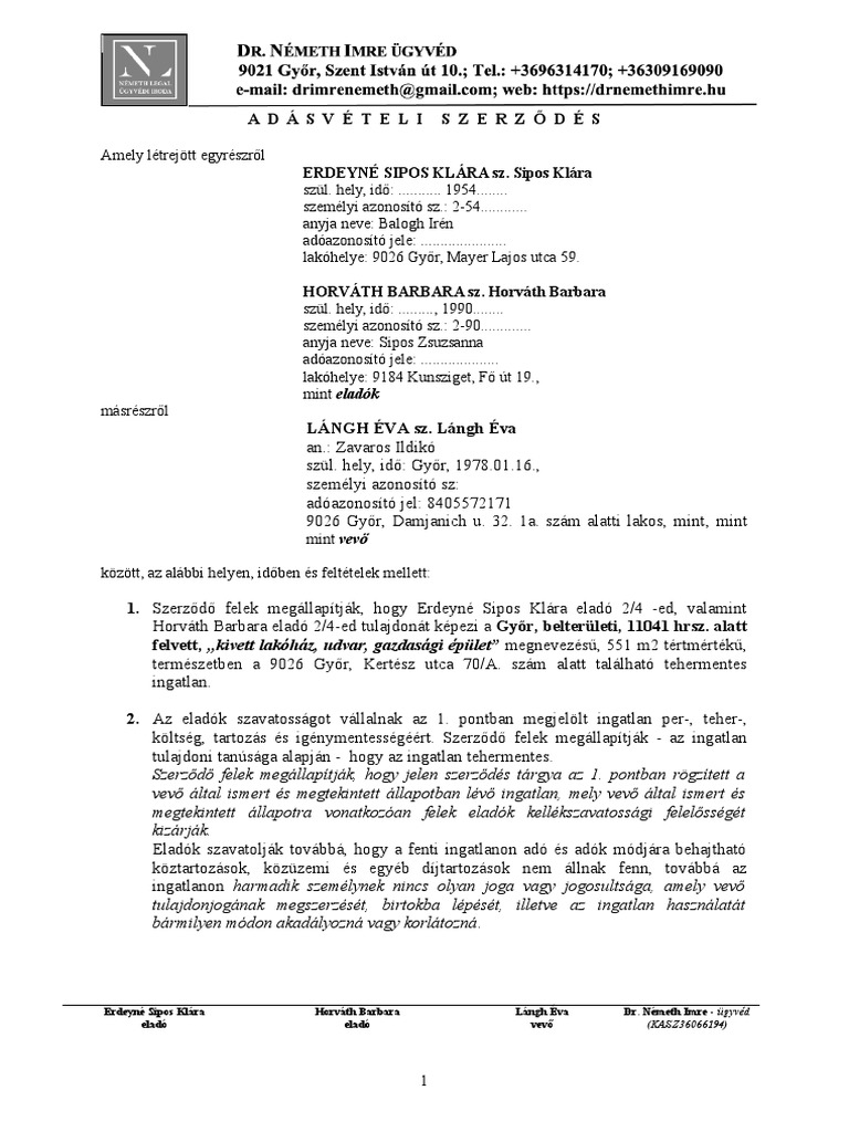 Adásvételi Szerződés Tervezet | PDF