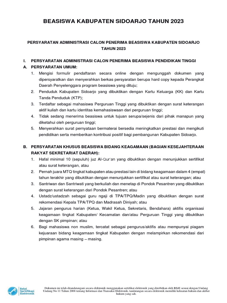 Persyaratan Beasiswa Sidoarjo 2023 | PDF