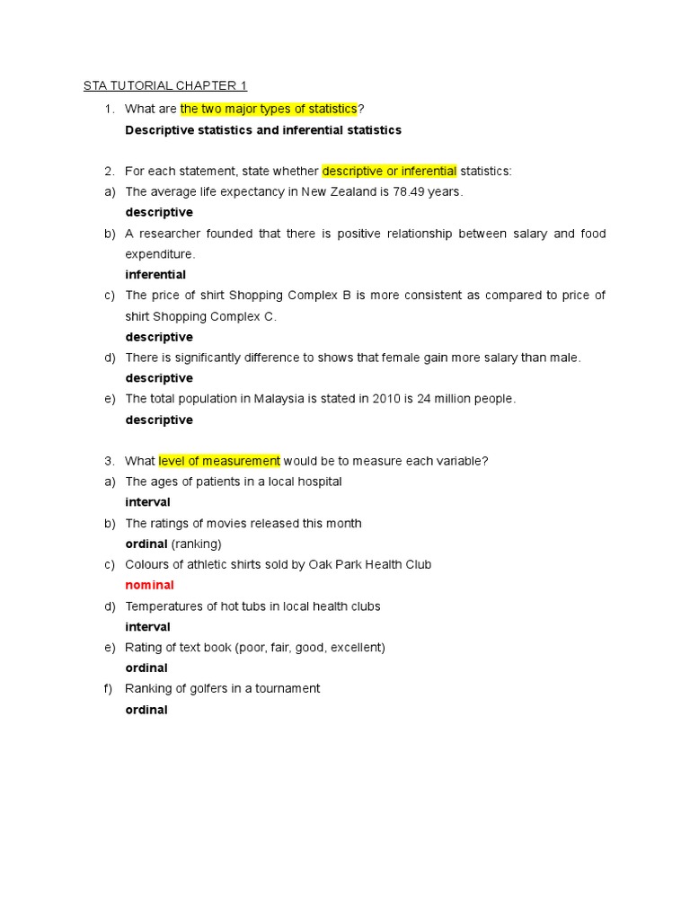 Sta404 Tuto Chap 1 | PDF | Sampling (Statistics) | Level Of Measurement