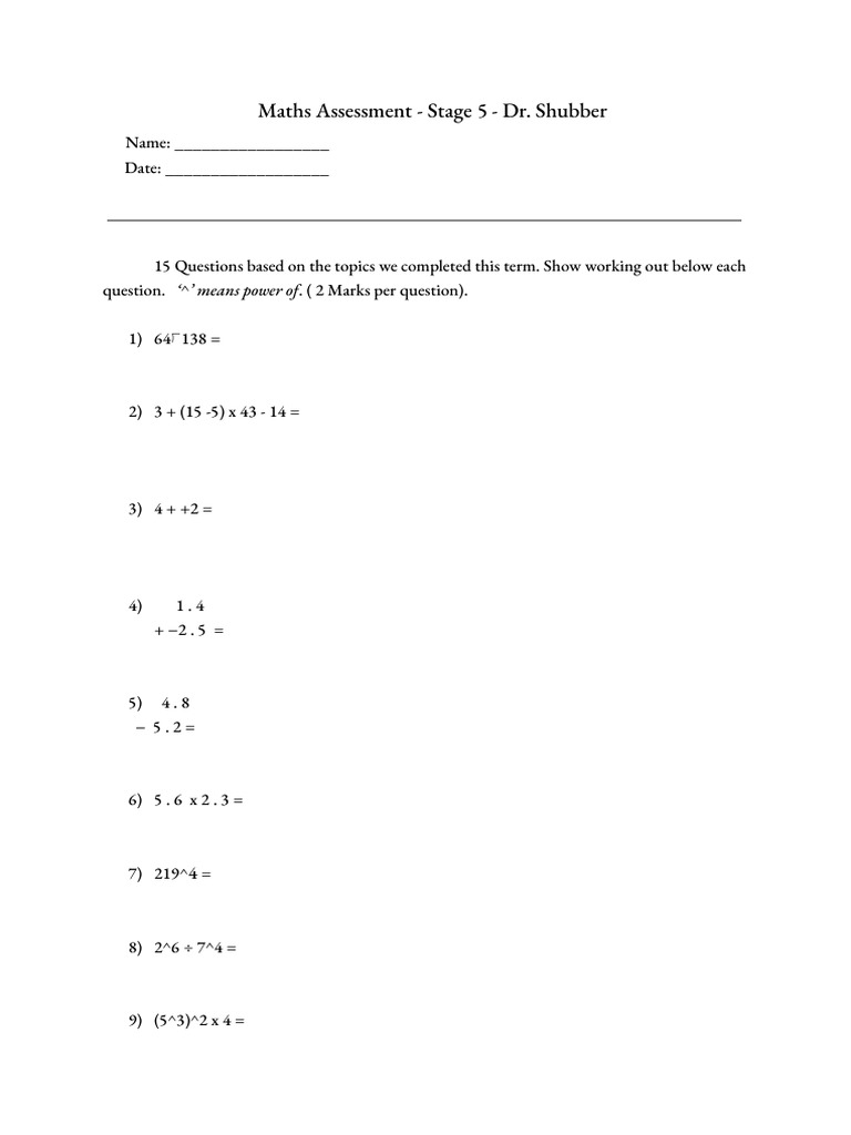 Stage 5 Maths Assessment Quiz | PDF