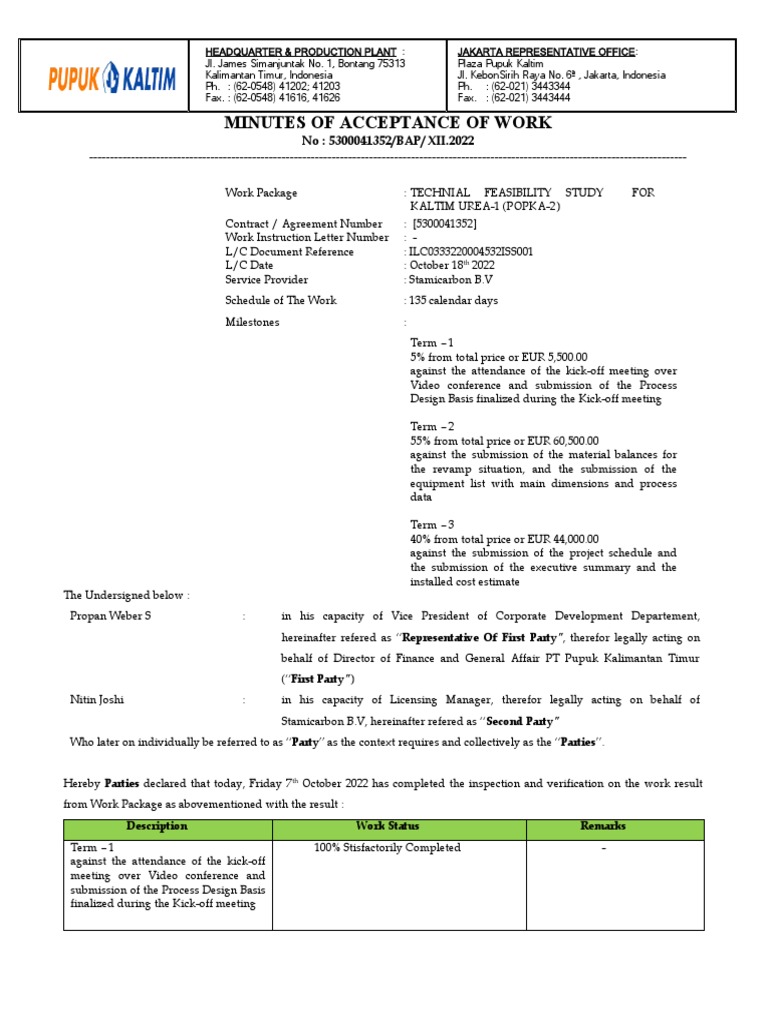 Minutes of Acceptance of Work (Bap) | PDF | Business
