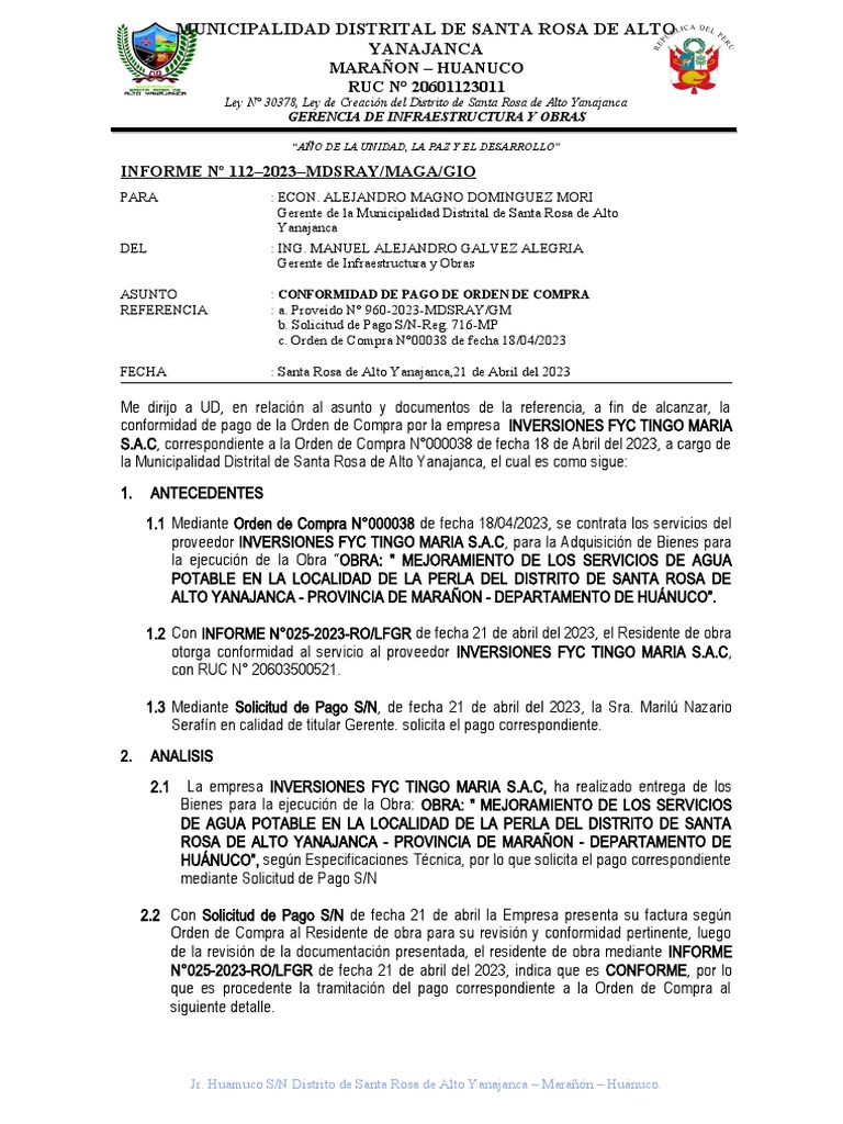 Informe N°109 - Conformidad de Pago | PDF | Economias