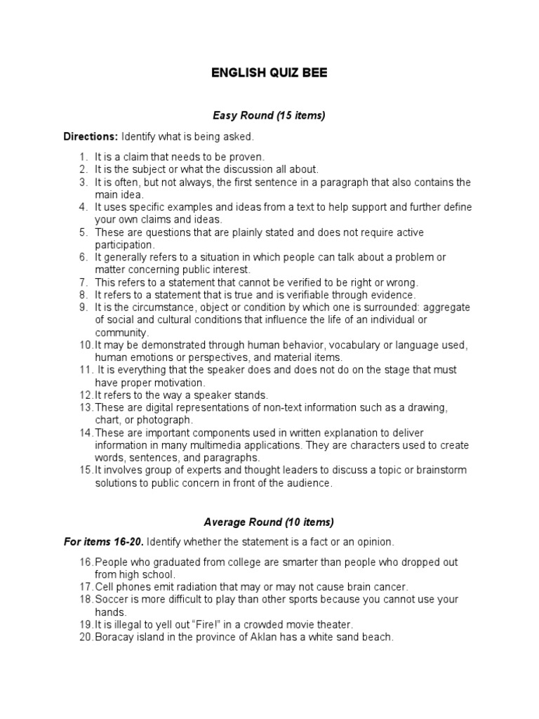 English Quiz Bee | PDF | Career & Growth | Social Science