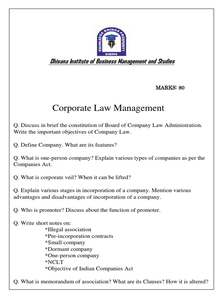 Corporate Law Question Paper.pdf | PDF