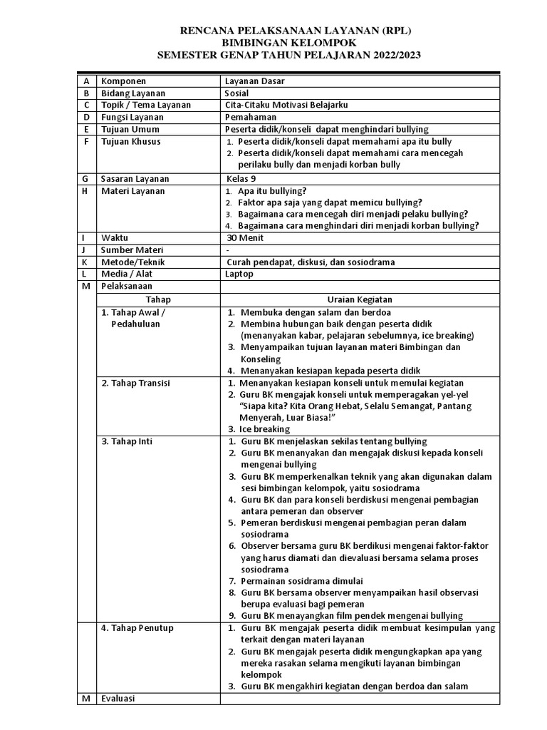 RPL Bimbingan Kelompok Sosial (Bullying) | PDF