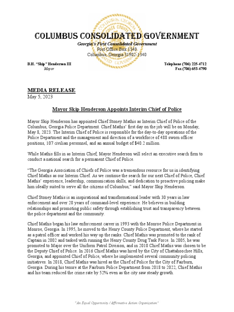 Chief Stoney Mathis Appointment - Press Release From Mayor Henderson ...