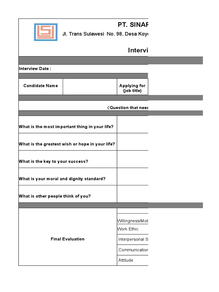 PT SINAR LESTARI JAYAPRIMA Interview Evaluation | PDF
