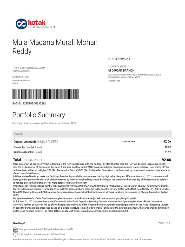 Kotak Mahindra Bank Statement Summary | PDF | Banks | Payments