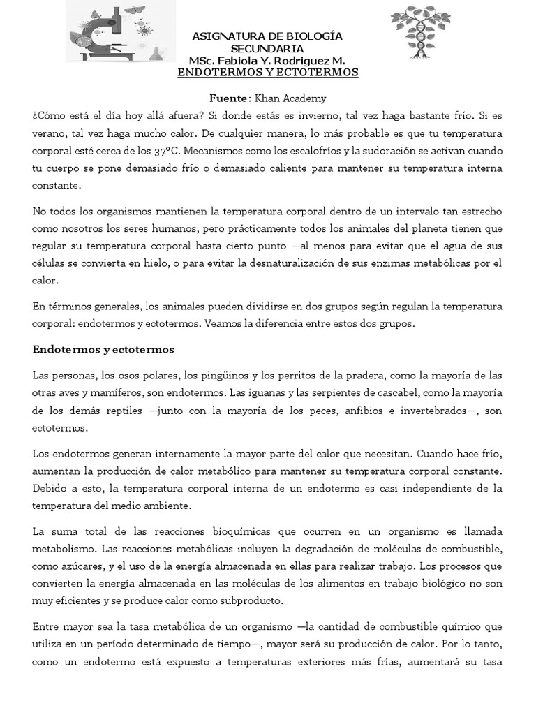 Endotermos y Ectotermos | PDF | Termorregulación | Conduccion termica