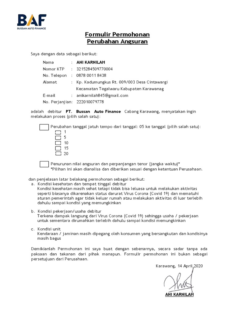 Form Permohonan Perubahan Angsuran | PDF