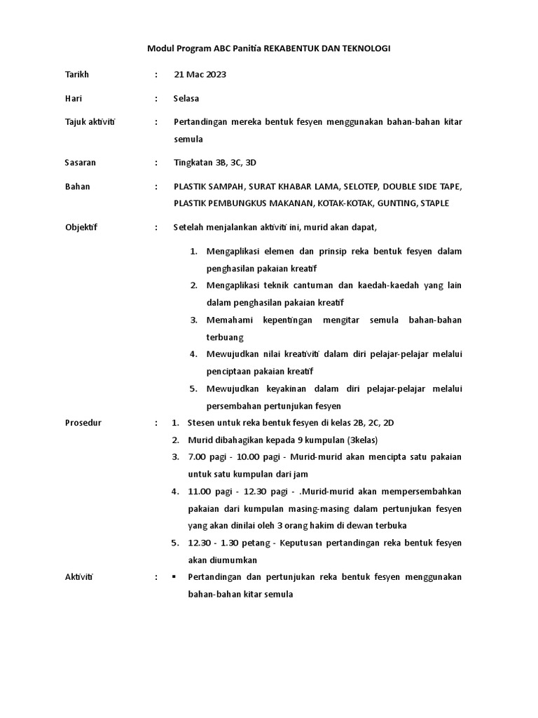 Modul Program ABC Panitia REKA BENTUK DAN TEKNOLOGI 2023 | PDF