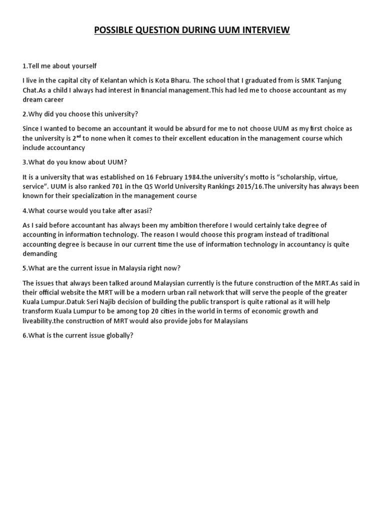 POSSIBLE QUESTION DURING UUM INTERVIEW | PDF