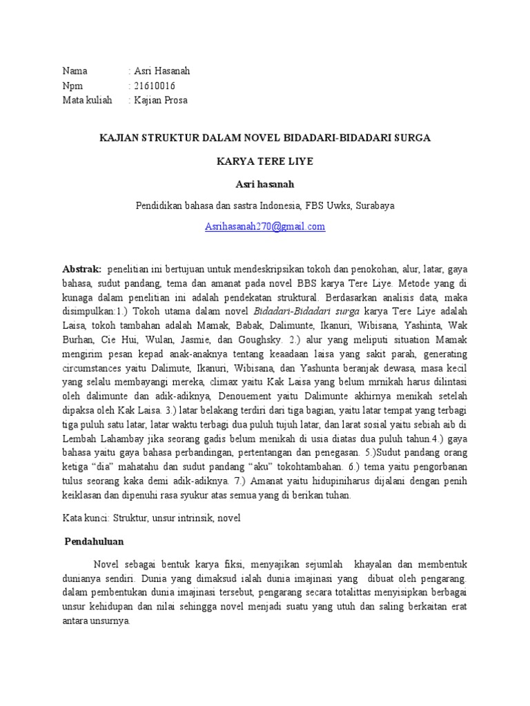 Artikel Analisis Kajian Prosa Fiksi Menggunakan Teori Struktural Pada Novel Bidadari-Bidadari ...
