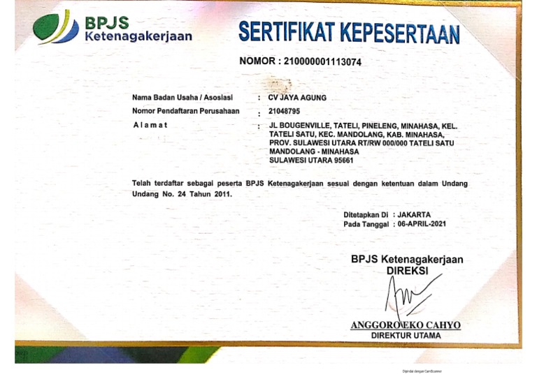 Sertifikat Kepesertaan BPJS Ketenagakerjaan Cv. Ja PDF | PDF