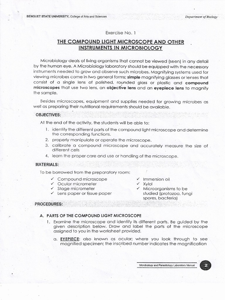 Bio 57.1 Exercise 1 - The Compound Light Microscope and Other Instruments in Microbiology PDF | PDF