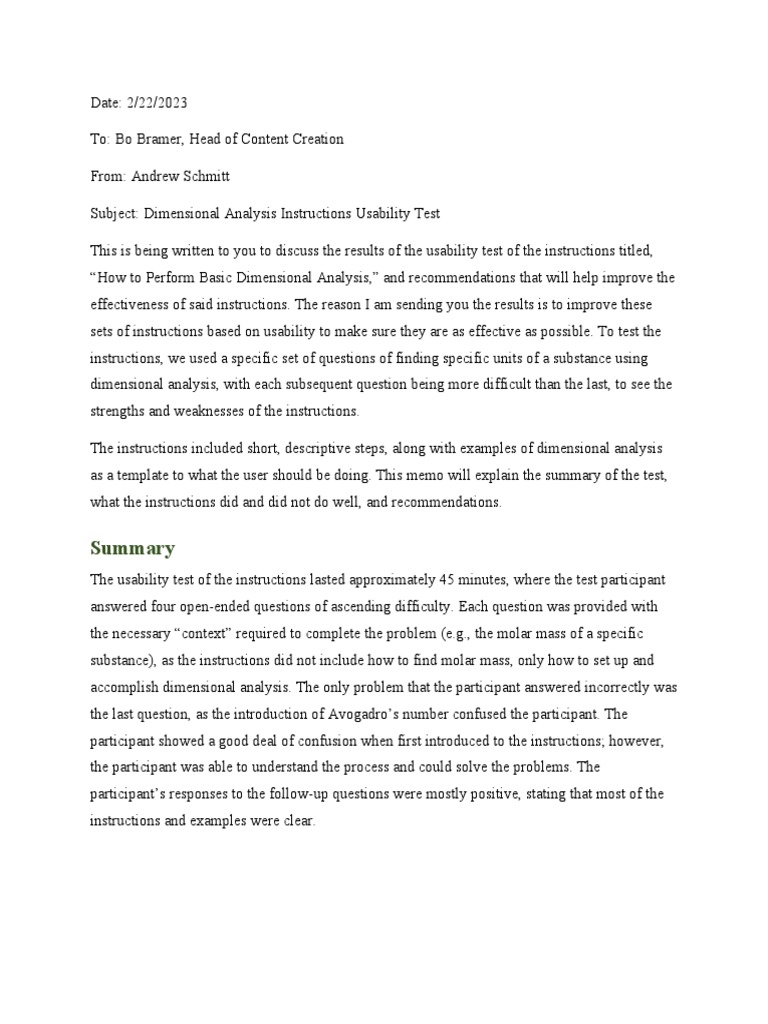 Dimensional Analysis Instructions Memo Final Edit Pdf Usability 4625