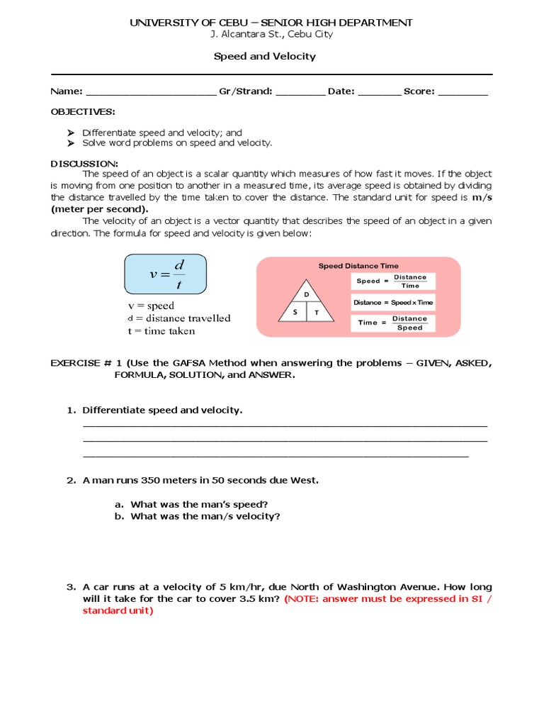 Speed vs. Velocity Worksheet | PDF | Teaching Methods & Materials ...