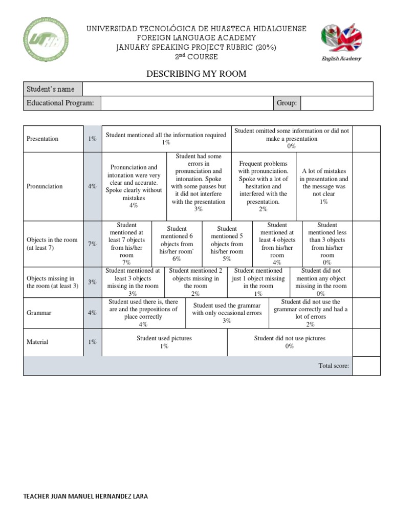 Foreign Language Academy January Speaking Project Rubric for Describing ...