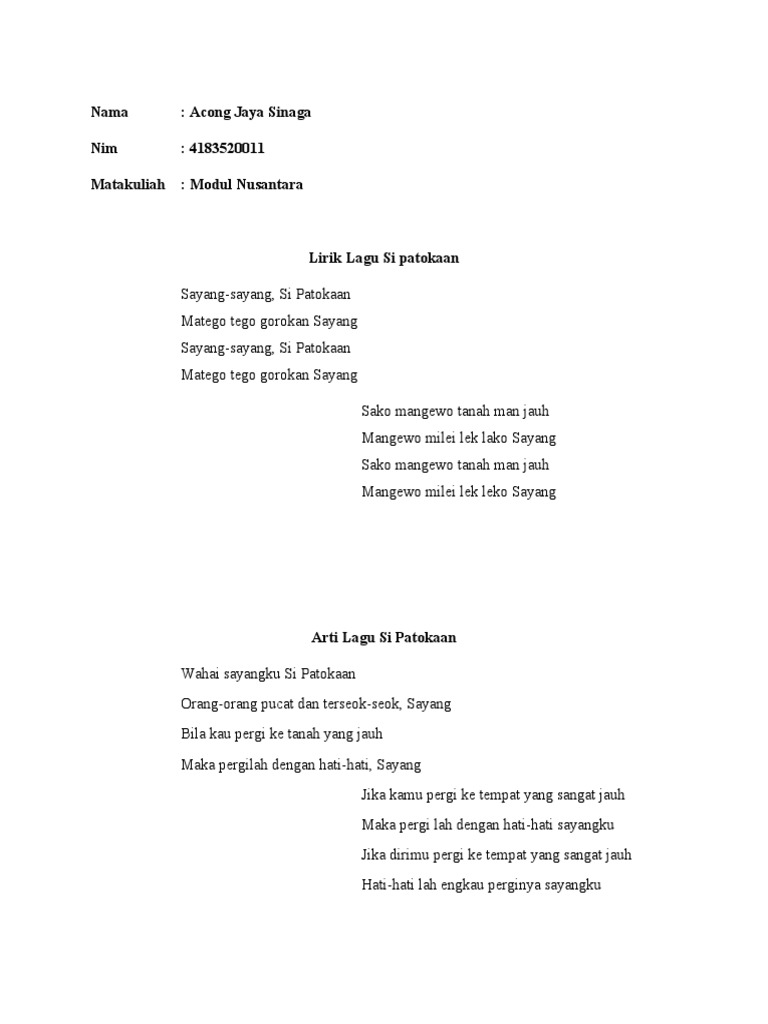 Modul Nusantara - Lagu Si Patokaan - Acong Sinaga | PDF | Seni ...