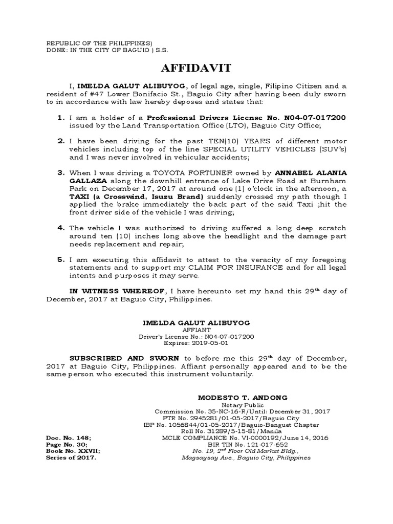 IMELDA GALUT ALIBUYOG - Car Insurance | PDF | Affidavit | Road Transport