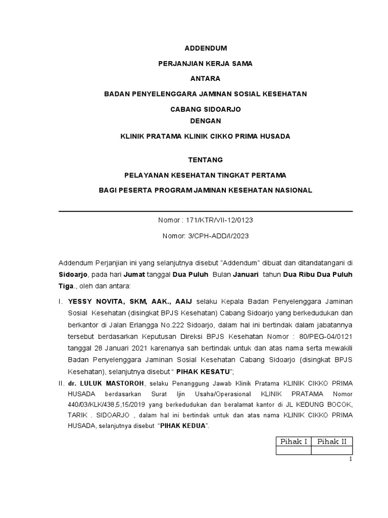 ADDENDUM KLINIK PRATAMA 2023 KLINIK CIKKO PRIMA HUSADA.docx | PDF