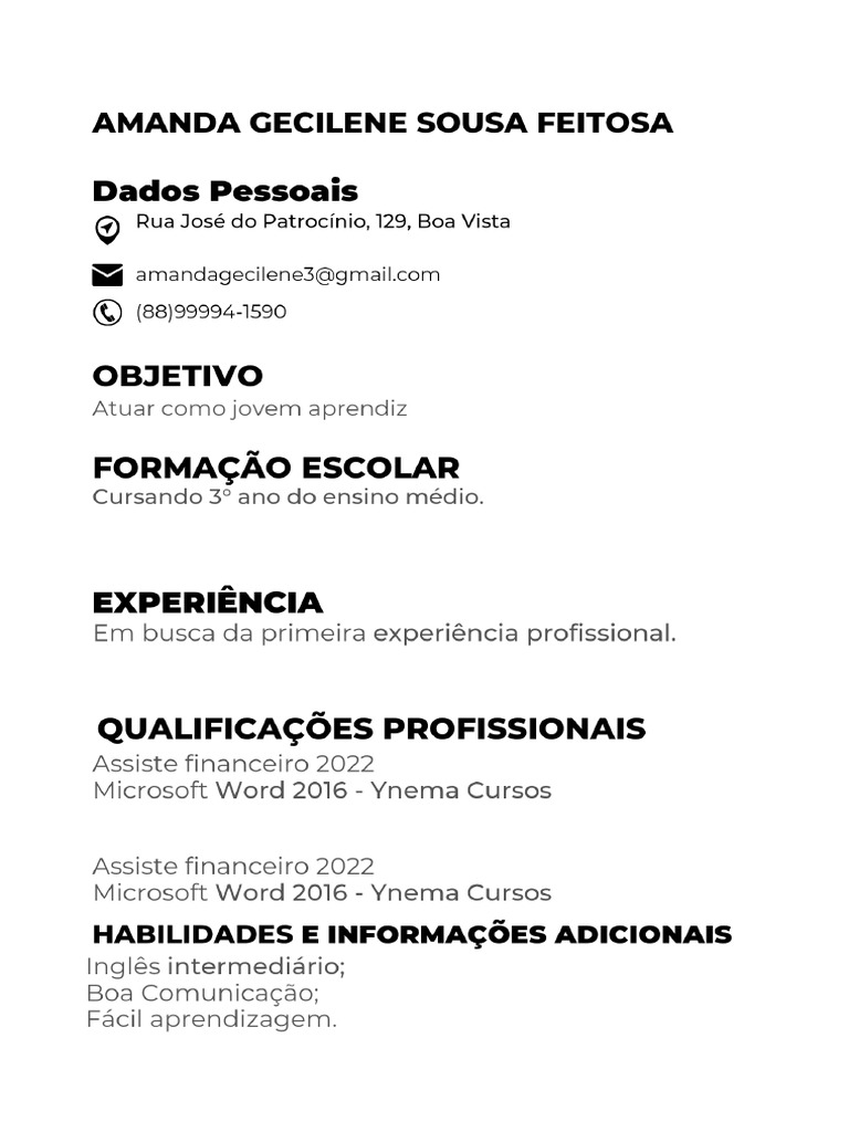 Currículo - Amanda Jovem Aprendiz 2023 PDF | PDF