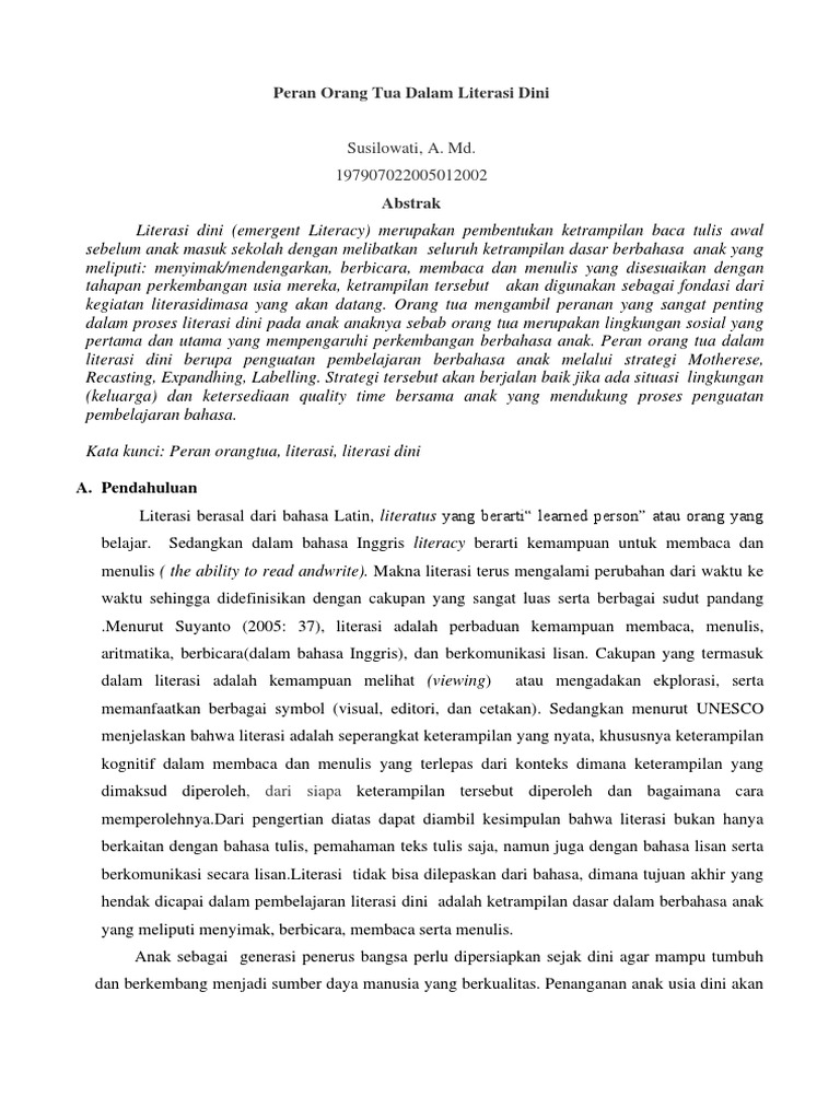 Peran Orang Tua Dalam Literasi Anak Usia Dini Pdf Pdf